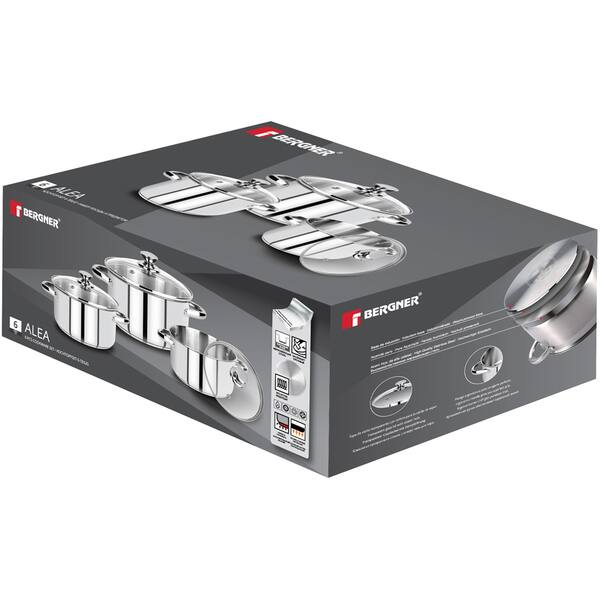 Set vase BERGNER Alea BG-5505, 6 piese, 16-20cm, 1.5-2.9l, inox, argintiu