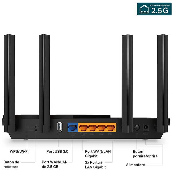 Router Wireless Gigabit TP-LINK Archer AX55 Pro, AX3000, Wi-Fi 6, Dual-Band 574+2402 Mbps, negru